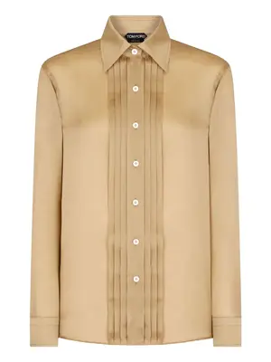 TOM FORD Plisse Panel Silk Shirt - Neutrals