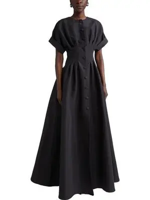 CAROLINA HERRERA Cuffed Short Sleeve Button Front Silk Faille Gown