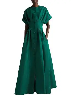 CAROLINA HERRERA Cuffed Short Sleeve Button Front Silk Faille Gown
