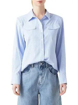 GREY LAB Power Shoulder Striped Button-up Shirt - Blue