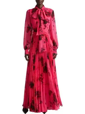 Erdem Floral Print Pleated Long Sleeve Voile Gown - Cerise