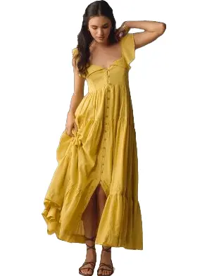 PILCRO Flutter-Sleeve Tiered Midi Dress Yellow