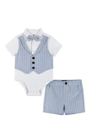 Andy & Evan Stripe Bodysuit, Shorts & Bow Tie Set - Chambray