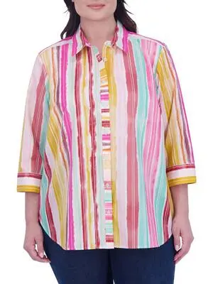 Foxcroft Watercolor Stripe Button-up Shirt - Pink Multi Stripe