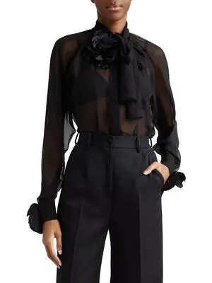 Dolce & Gabbana Floral Appliqué Tie Neck Sheer Silk Shirt - Nero