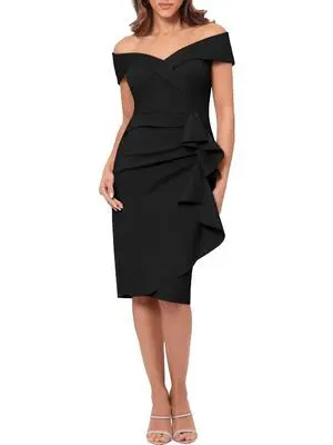XSCAPE EVENINGS Scuba Knit Off-the-shoulder Cocktail Dress With Ruffle - Black