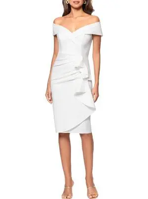 XSCAPE EVENINGS Scuba Knit Off-the-shoulder Cocktail Dress With Ruffle - Ivory