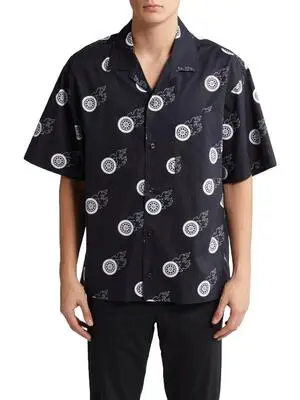 Hugo Egeeno Flaming Tire Print Camp Shirt - Black