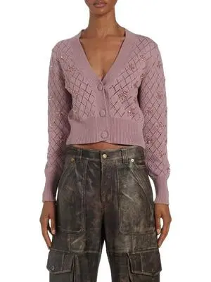 GOLDEN GOOSE Embellished Pointelle Cotton Cardigan - Twilight Mauve