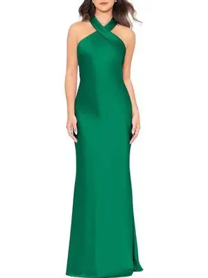 XSCAPE EVENINGS Xscape Evenings Halter Neck Satin Gown Emerald