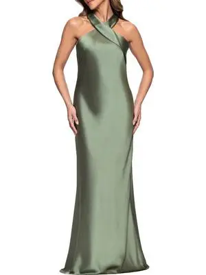 XSCAPE EVENINGS Halter Neck Satin Gown - Olive