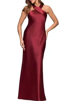 XSCAPE EVENINGS Halter Neck Satin Gown - Wine