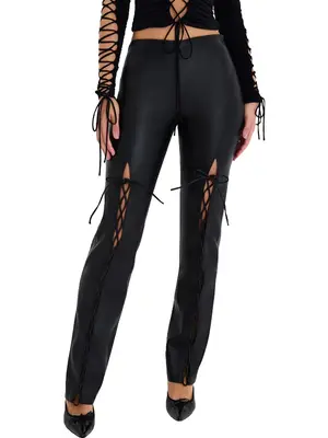 MISTRESS ROCKS Lace-up Faux Leather Pants - Black