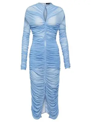MUGLER Draped Cutout Mesh Midi Dress - Blue