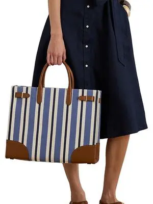 Ralph Lauren Striped Canvas Large Devyn Tote - Carson Blue Stripe/tan