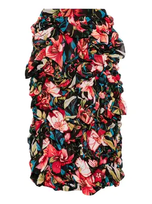 Comme Des Garçons Floral-print Ruched Midi Skirt - Black