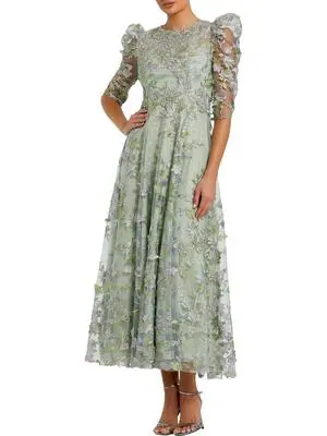 Mac Duggal Floral Appliqué Puff-sleeve Maxi Dress - Sage