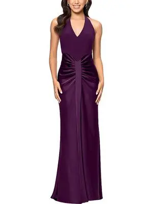 Aqua Aqua Halter Mixed Media Gown Plum