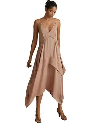 REISS Demi Viscose Asymmetric Midi Dress - Nude