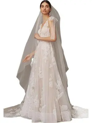 Watters Abstract Floral Chapel Veil - Ivory