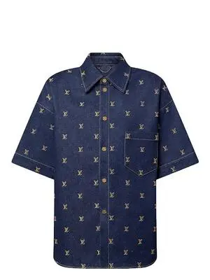 LOUIS VUITTON Embroidered Signature Shortsleeved Denim Shirt - Indigo