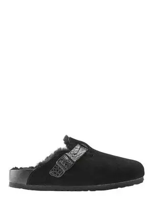 BIRKENSTOCK Boston Shearling Suede Clogs With Reptile Embossed Strap - Black