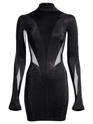 MUGLER Spiral Panel Rhinestone Mini Dress - Black
