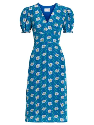 HVN Paula Printed Crepe De Chine Dress - Cobalt Blue