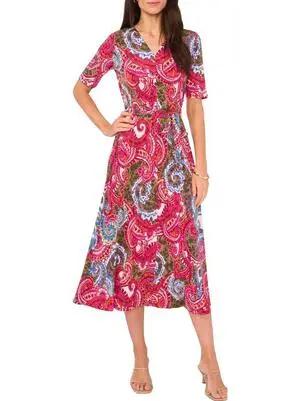 Chaus Faux Wrap Midi Dress - Olive Fuschia Rust