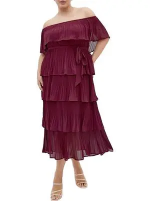 City Chic Tiered Pleat Off-the-shoulder Maxi Dress - Red Burgundy
