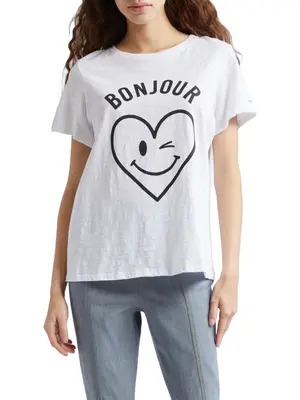 Cinq À Sept Bonjour Smiling Heart Graphic T-shirt - White/black