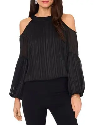 Chaus Metallic Cold Shoulder Balloon Sleeve Top - Rich Black