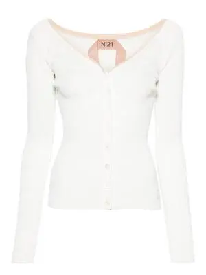 N°21 Picot-trim Fine-ribbed Cardigan - White