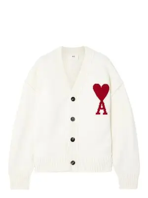 Ami Adc Intarsia Merino Wool Cardigan - Neutrals