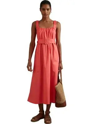 REISS Liza Petite Cotton Belted Midi Dress - Coral