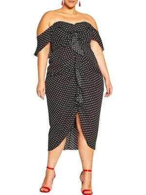 City Chic Gina Spot Off-the-shoulder Midi Dress - Blk Polka Dot