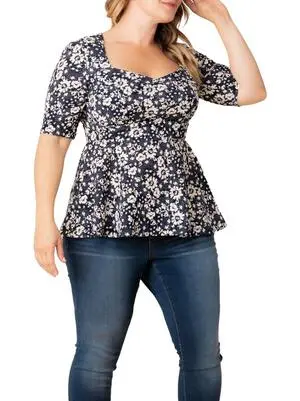 KIYONNA Kiyonna Posh Peplum Top Aegean Blue Florals