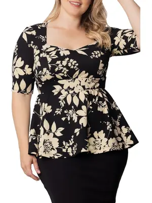 KIYONNA Kiyonna Posh Peplum Top Black/vintage Ivory Florals