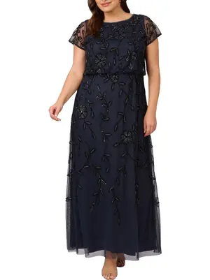 Adrianna Papell Beaded Mesh Gown - Navy Black