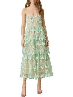 Endless Rose Floral Embroidered Tiered Lace Midi Dress - Green