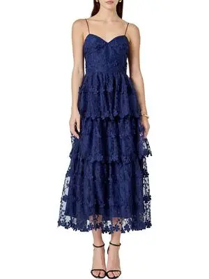 Endless Rose Floral Embroidered Tiered Lace Midi Dress - Navy