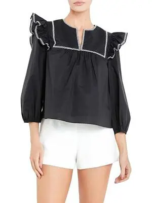 English Factory Embroidered Ruffle Balloon Sleeve Cotton Top - Black/white