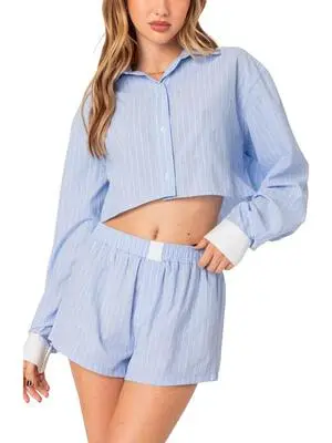 EDIKTED Lea Stripe Crop Button-up Shirt - Light-blue