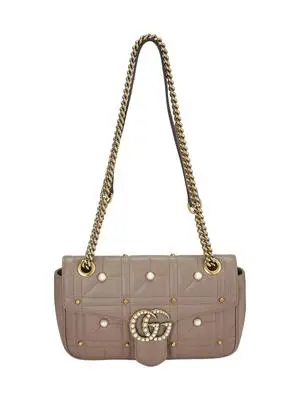 Gucci Leather Gg Marmont Shoulder Bag - Beige