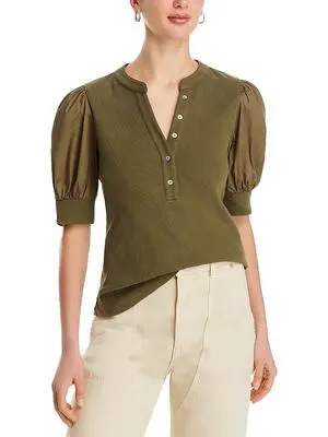 SINGLE THREAD Puff Sleeve Henley Top - New Olive