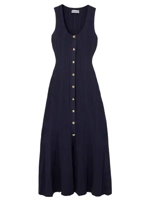 SELF-PORTRAIT Button-Embellished Ribbed-Knit Midi Dress Blue