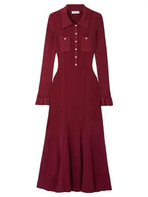 SELF-PORTRAIT Button-embellished Ribbed-knit Midi Dress - Burgundy