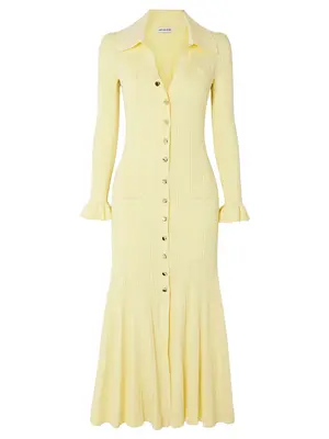 SELF-PORTRAIT Button-Embellished Ribbed-Knit Midi Dress Yellow