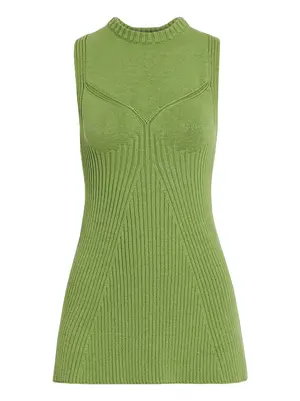 JIL SANDER Ribbed Cotton-Blend Top With Pointelle Trims Leaf Green