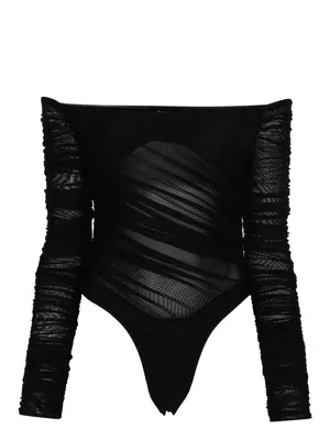 MUGLER Off-shoulder Mesh Bodysuit - Black